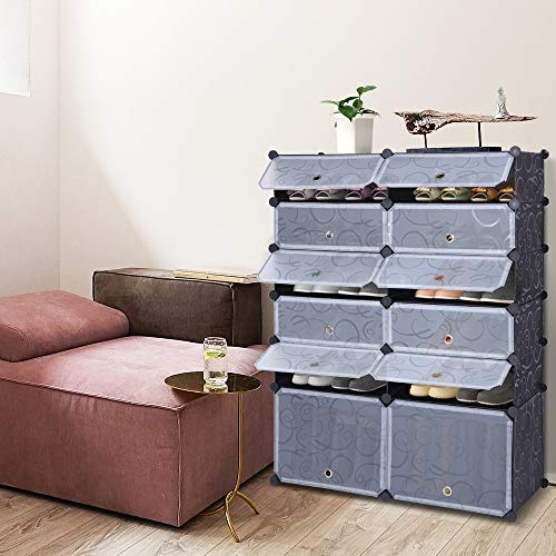 LIKOVSCI 24 Pairs Plastic DIY Shoe Rack, 12 Cubes Portable Shoe Shelves, Modular Shoe Storage Organizer Units, Space Saving Closet Cabinet with Doors for Bedroom Living Room Entryway Hallway