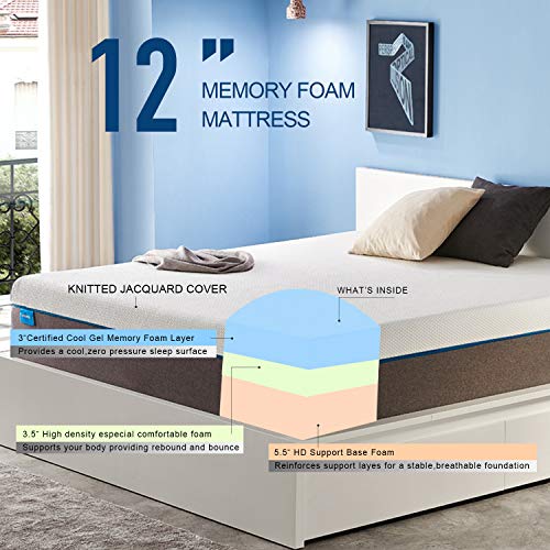 Queen Size Mattress, 12 Inches Gel Memory Foam Bed Mattress in a Box Queen Mattress Supportive & Pressure Relief with Breathable Soft Fabric Cover, Premium Size 80 * 60 * 12
