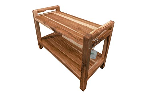 EcoDecors Teak Shower Bench 29" Wood Shower Seat Stool with Storage Shelf and LiftAide Arms, Eleganto Shower Bench for Indoors and Outdoors