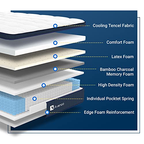 Avenco King Mattress, King Size Mattress in a Box, 12 Inch Latex Hybrid Mattress King, Cool Tencel Fabric & Bamboo Memory Foam & Pocket Spring, Medium Firm, CertiPUR-US, 10 Years Support (NDSM30)