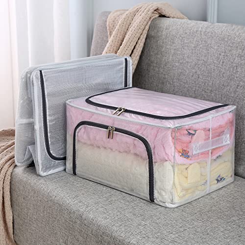 Kaysun Stackable Closet Clear Storage Bins with Lids Waterproof Foldable Steel Frame Storage Box for Clothes 66L Baby Cloth Storage bag Organizer for Bedding Clothing Toy(2-Pack 66L+2-pack 22L))