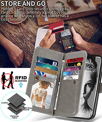 CASEOWL for iPhone 13 Pro Max Case Wallet for Women, Detachable Mandala Embossed Leather Wallet Phone Case with 9 Card Holder[RFID Blocking], Wristlet (Gray)