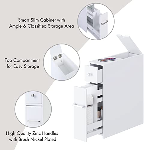 Spirich Home Slim Bathroom Storage Cabinet, Free Standing Toilet Paper Holder, Bathroom Cabinet Slide Out Drawer Storage, White