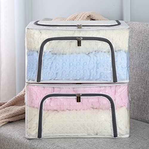 Kaysun Stackable Closet Clear Storage Bins with Lids Waterproof Foldable Steel Frame Storage Box for Clothes 66L Baby Cloth Storage bag Organizer for Bedding Clothing Toy(2-Pack 66L+2-pack 22L))