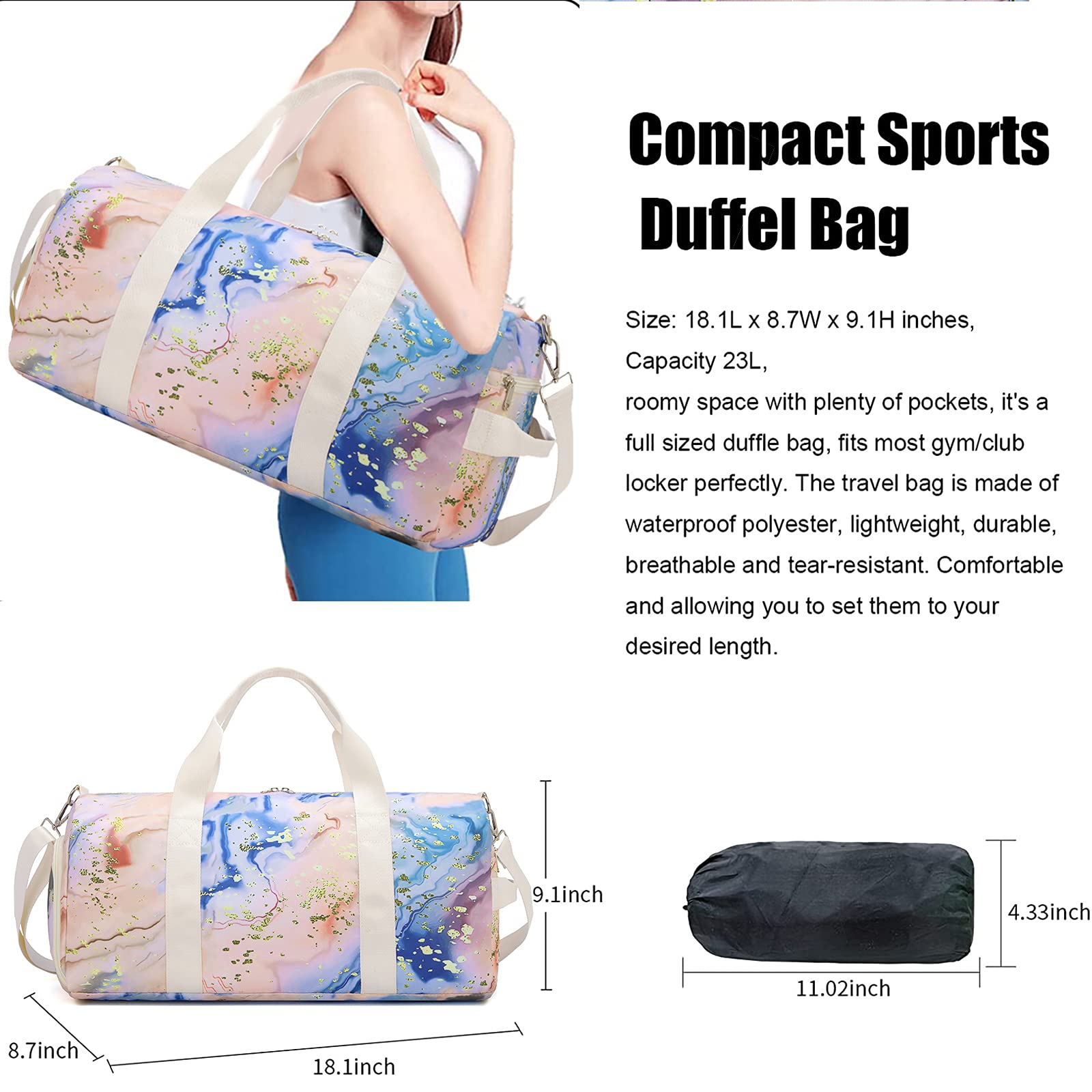BLUBOON Sport Gym Duffle Bag for Women Girls Weekender Overnight Duffel Bag (Bronzing orange) 19.7"x9.5"x9.9"