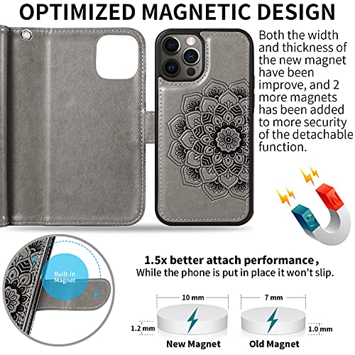 CASEOWL for iPhone 13 Pro Max Case Wallet for Women, Detachable Mandala Embossed Leather Wallet Phone Case with 9 Card Holder[RFID Blocking], Wristlet (Gray)