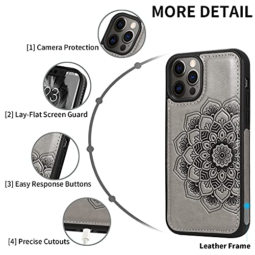 CASEOWL for iPhone 13 Pro Max Case Wallet for Women, Detachable Mandala Embossed Leather Wallet Phone Case with 9 Card Holder[RFID Blocking], Wristlet (Gray)
