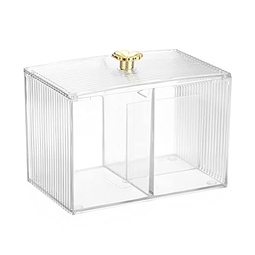 Hipiwe Acrylic Q-tip Holder with Lid- 3 Sections Bathroom Dispenser Jar Cotton Ball and Swab Organizer Plastic Apothecary Jar Makeup Storage Canister Box for Cotton Rounds Pads Floss