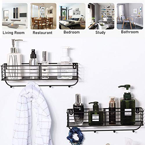 Metal Shower Caddy Bathroom Shelf, No Drilling Traceless Adhesive Bathroom Storage Organizer, Rustproof Food Storage Basket, 2-in-1 Kitchen Spice Racks ,Key Holder with Hook Wall Decoration Multi-function Rack - (Matte Black)
