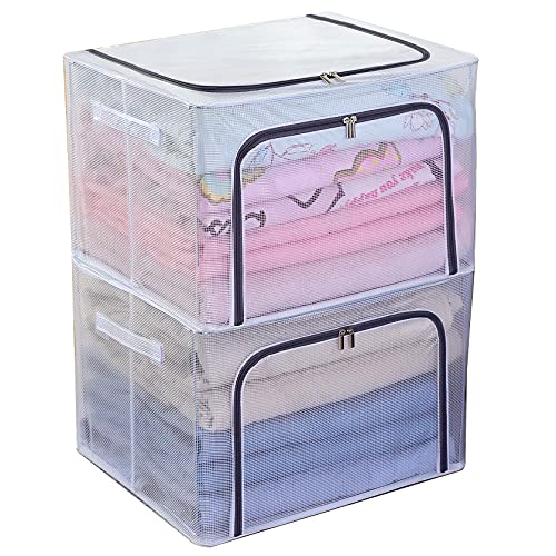 Kaysun Stackable Closet Clear Storage Bins with Lids Waterproof Foldable Steel Frame Storage Box for Clothes 66L Baby Cloth Storage bag Organizer for Bedding Clothing Toy(2-Pack 66L+2-pack 22L))