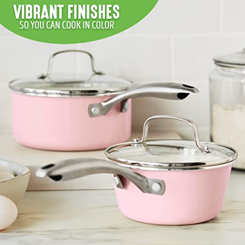 GreenLife Artisan Healthy Ceramic Nonstick, 1QT and 2QT Saucepan Pot Set with Lids, Stainless Steel Handle, Induction, PFAS-Free, Dishwasher Safe, Oven Safe, Pink