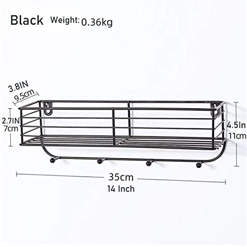 Metal Shower Caddy Bathroom Shelf, No Drilling Traceless Adhesive Bathroom Storage Organizer, Rustproof Food Storage Basket, 2-in-1 Kitchen Spice Racks ,Key Holder with Hook Wall Decoration Multi-function Rack - (Matte Black)