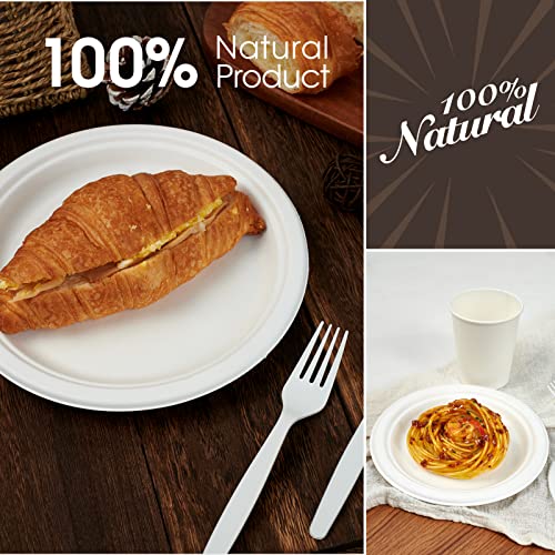 FOCUSLINE 150 Count Compostable Paper Plates and Utensils 30 Guest, Heavy-Duty Disposable Bagasse Plates Eco-Friendly Biodegradable Cutlery, Natural Eco-friendly Compostable Dinnerware