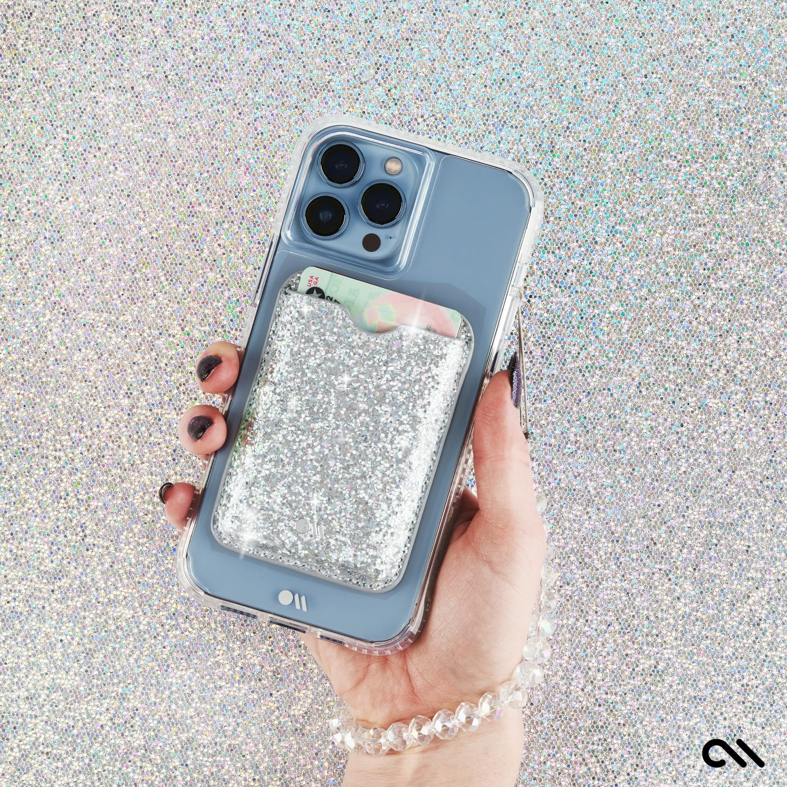Case-Mate Magnetic Wallet for iPhone [Card Holder] [Holds up to 3 Cards & Cash] - Vegan Leather MagSafe Wallet - Magnetic Phone Card Holder for iPhone 15 Pro Max / 15 Pro /14 Plus /14/13/12 - Sparkle