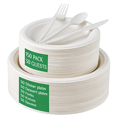 FOCUSLINE 150 Count Compostable Paper Plates and Utensils 30 Guest, Heavy-Duty Disposable Bagasse Plates Eco-Friendly Biodegradable Cutlery, Natural Eco-friendly Compostable Dinnerware