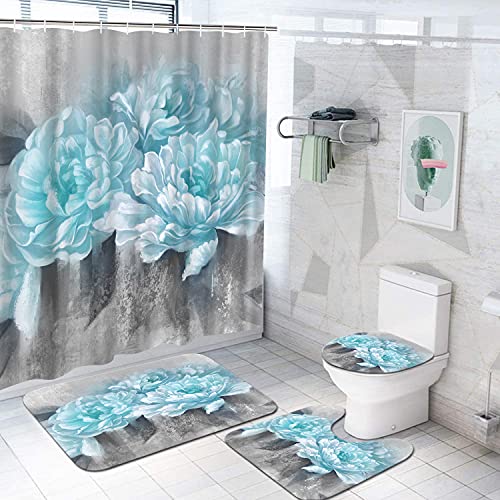 DuoBaorom 4 Pieces Set Teal Blue Flower Shower Curtain Set Elegant Floral Picture Print on Non-Slip Rugs Toilet Lid Cover Bath Mat and Bathroom Curtain with 12 Hooks 72x72inch