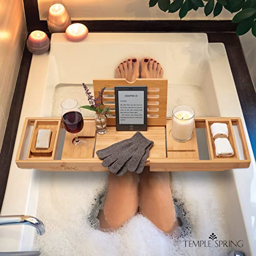 Temple Spring Bath Caddy - Extendable Bath Tray for Bathtub with Candle, Wine Glass, Book, iPad & Phone holders - Adjustable Bath Table shelf over tub with bathroom accessories - (Bamboo Natural Wood)