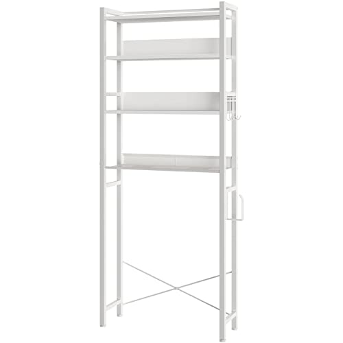 Rolanstar Over The Toilet Storage, 4-Tier Wooden Bathroom Space Saver with Hooks, Freestanding Bathroom Organizer, Multifunctional Over The Toilet Storage Rack, Bathroom Toilet Rack, White