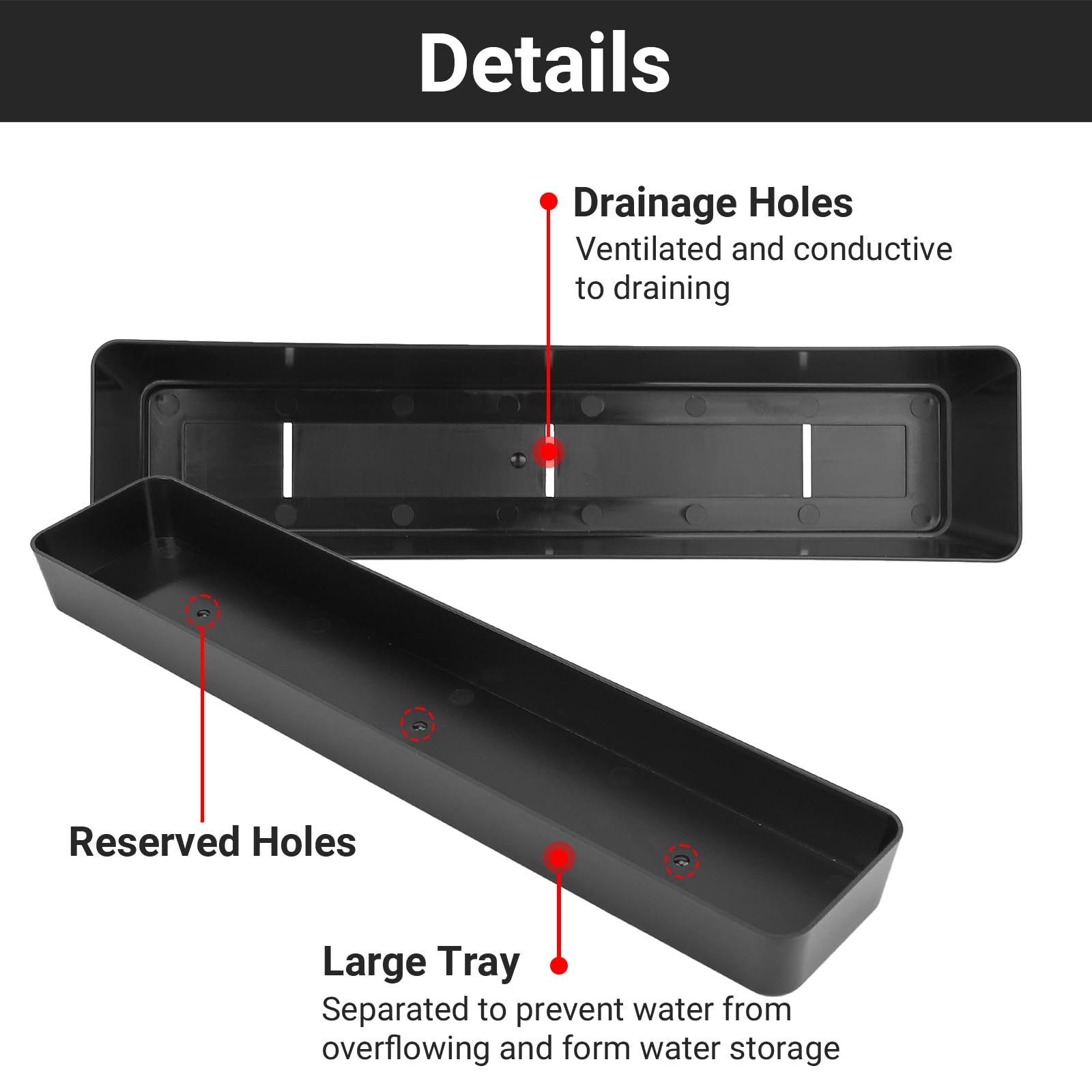 GREANER Window Boxes Planters, 3PCS 16x3.8 Inch Black Rectangle Planters Box with Drainage Holes and Trays, Herb Succulents Flowers Plastic Pot for Windowsill, Garden, Balcony, Indoor, Outdoor Decor