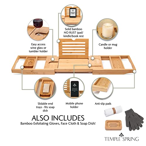 Temple Spring Bath Caddy - Extendable Bath Tray for Bathtub with Candle, Wine Glass, Book, iPad & Phone holders - Adjustable Bath Table shelf over tub with bathroom accessories - (Bamboo Natural Wood)