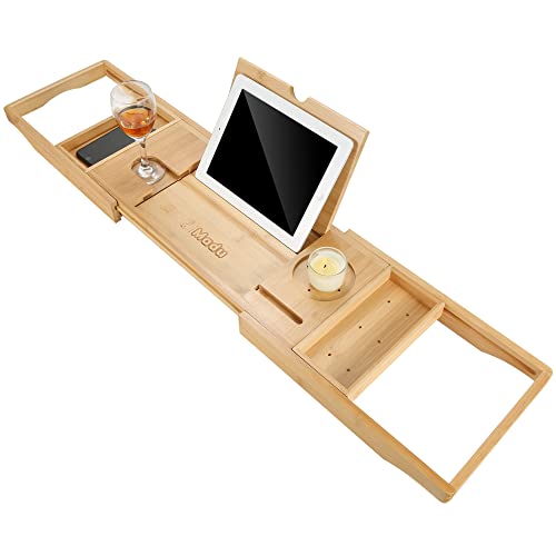Bamboo Extension Tray for The Bathroom and Relaxation Tool for The Bath, with Holder for Cellphone, Tablet, Candles and More