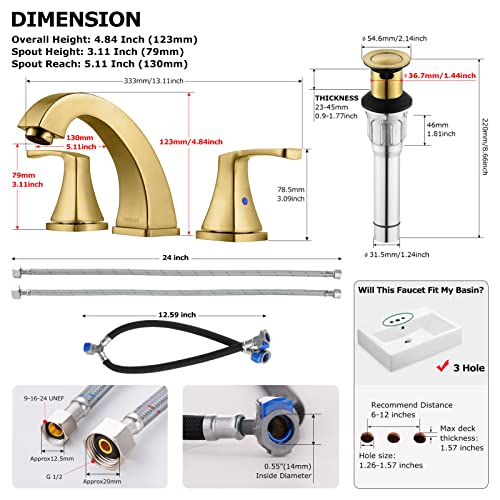PARLOS 2-Handle Widespread Bathroom Faucet with Metal Pop Up Drain and cUPC Faucet Supply Lines, Brushed Gold, Doris 1417208