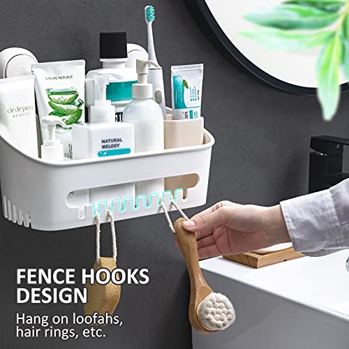TAILI Suction Shower Caddy 2 Pack & Shower Cadyy with 4 Hooks, Bathroom Shower Basket Wall Mounted Shower Organizer Shelf for Shampoo, Body Wash, Conditioner, Shower Accessories, Drill-Free Removable