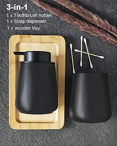 Black Soap Dispenser and Toothbrush Holder Set of 2, 12oz Ceramic Hand Soap Dispenser and Toothbrush Cup Holders for Farmhouse Bathroom Decor with Wooden Tray
