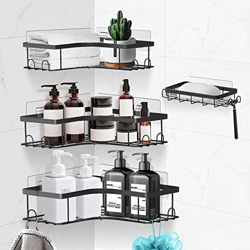 EACHPAI Corner Shower Caddy with Hooks and Soap Dish, Adhesive No Drilling Shower Organizer for Bathroom Storage, Rustproof Bathroom Shelves, Kitchen Storage Rack 4 Pack