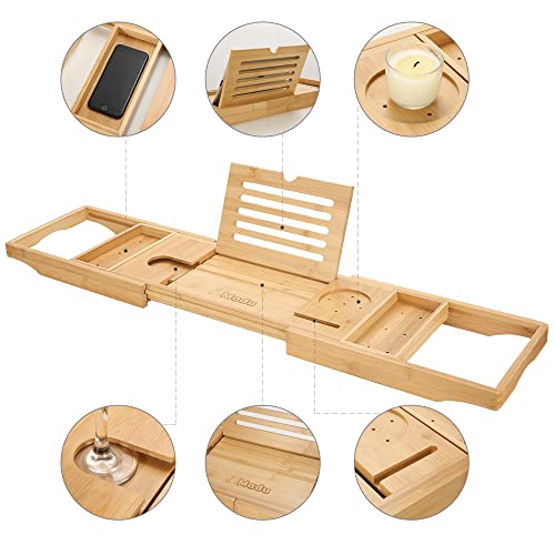 Bamboo Extension Tray for The Bathroom and Relaxation Tool for The Bath, with Holder for Cellphone, Tablet, Candles and More