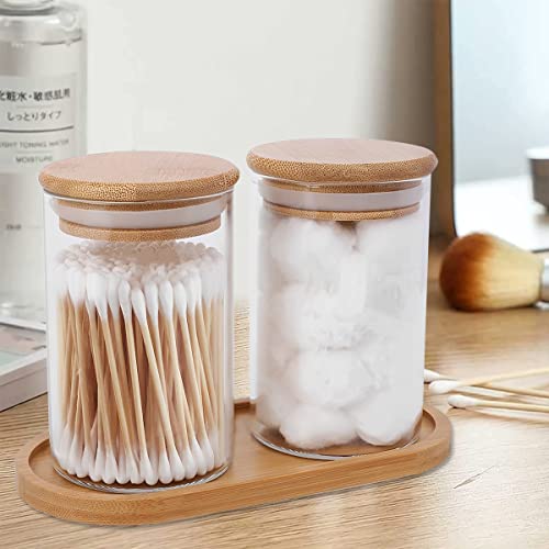2 PCS Qtip Holder Dispenser with Bamboo Lids & Tray, 10 Oz Cotton Swab Holder Cotton Ball Organizer, Apothecary Jars Bathroom Storage Organizer, Clear Glass Bathroom Storage Jars, Vanity Storage Organizer Canister for Cotton Swab, Ball, Pads, Floss