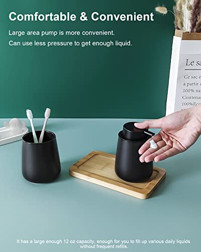 Black Soap Dispenser and Toothbrush Holder Set of 2, 12oz Ceramic Hand Soap Dispenser and Toothbrush Cup Holders for Farmhouse Bathroom Decor with Wooden Tray