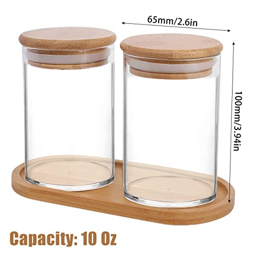 2 PCS Qtip Holder Dispenser with Bamboo Lids & Tray, 10 Oz Cotton Swab Holder Cotton Ball Organizer, Apothecary Jars Bathroom Storage Organizer, Clear Glass Bathroom Storage Jars, Vanity Storage Organizer Canister for Cotton Swab, Ball, Pads, Floss