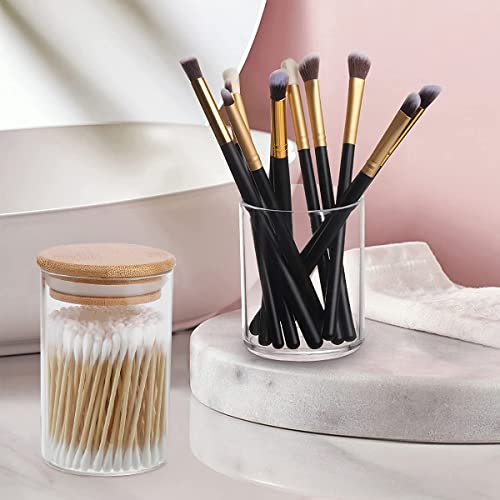 2 PCS Qtip Holder Dispenser with Bamboo Lids & Tray, 10 Oz Cotton Swab Holder Cotton Ball Organizer, Apothecary Jars Bathroom Storage Organizer, Clear Glass Bathroom Storage Jars, Vanity Storage Organizer Canister for Cotton Swab, Ball, Pads, Floss