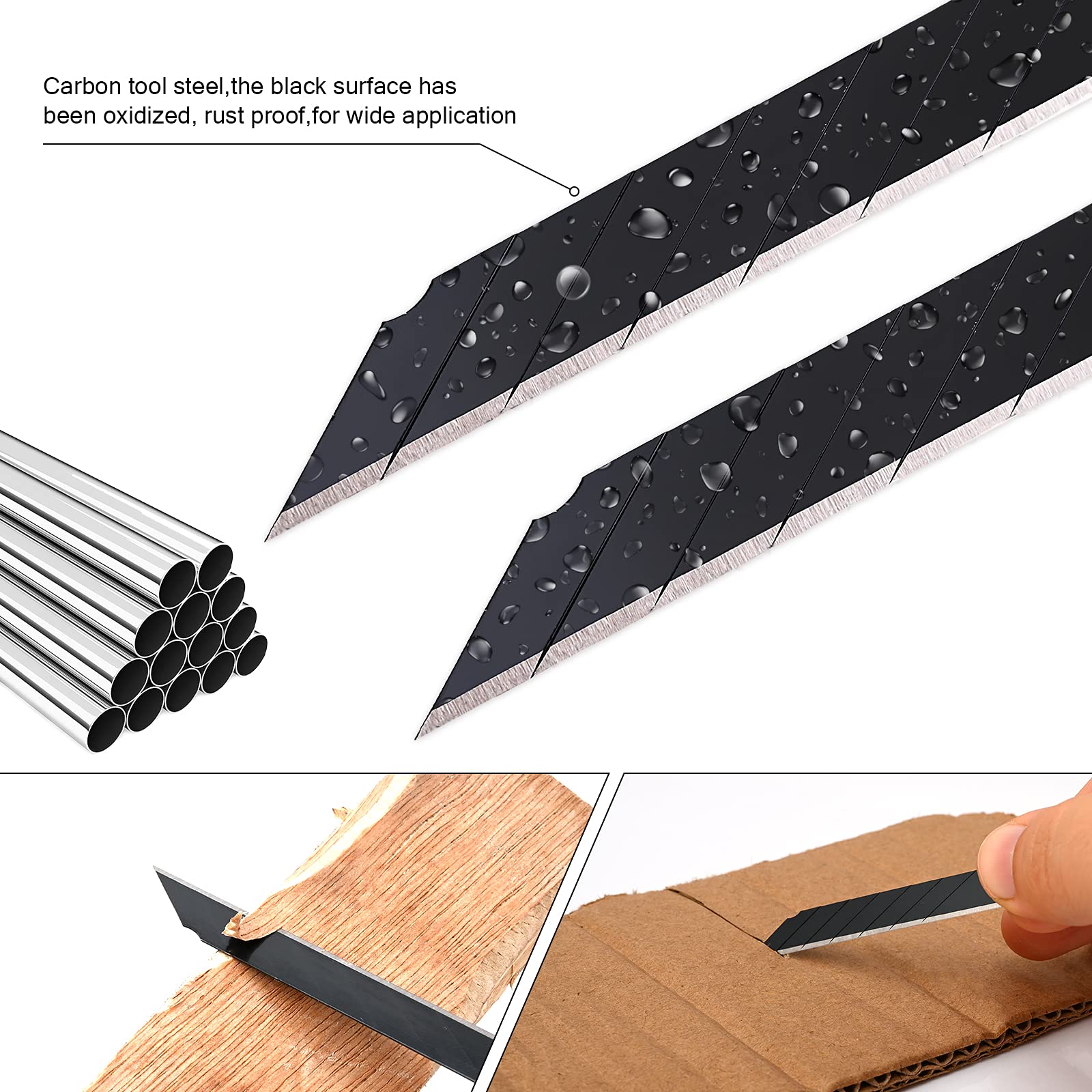 FOSHIO 100PCS 30 Degree Blades Carbon Steel Snap Off Blades 9mm for Box Cutters Utility Knife Universal Art Knife Replacement Black Blades