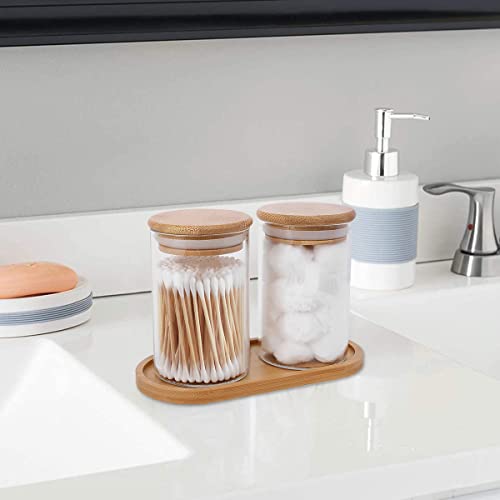 2 PCS Qtip Holder Dispenser with Bamboo Lids & Tray, 10 Oz Cotton Swab Holder Cotton Ball Organizer, Apothecary Jars Bathroom Storage Organizer, Clear Glass Bathroom Storage Jars, Vanity Storage Organizer Canister for Cotton Swab, Ball, Pads, Floss