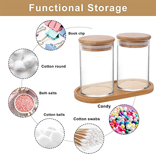 2 PCS Qtip Holder Dispenser with Bamboo Lids & Tray, 10 Oz Cotton Swab Holder Cotton Ball Organizer, Apothecary Jars Bathroom Storage Organizer, Clear Glass Bathroom Storage Jars, Vanity Storage Organizer Canister for Cotton Swab, Ball, Pads, Floss