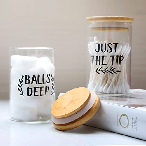 2 Pack Glass Qtip Holder Bathroom Set with Vanity Tray,Apothecary Jars with Bamboo Lids,Bathroom Cotton Ball and Qtip Organizer Storage Container Glass Jar Set