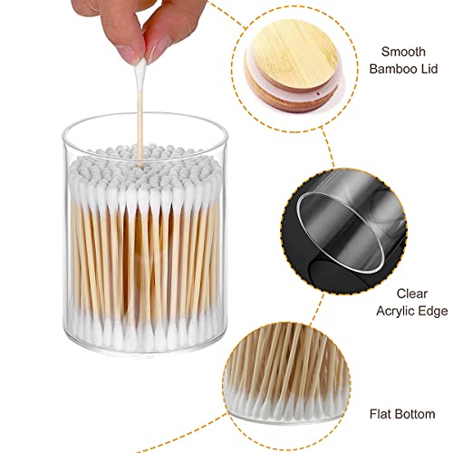2 PCS Qtip Holder Dispenser with Bamboo Lids & Tray, 10 Oz Cotton Swab Holder Cotton Ball Organizer, Apothecary Jars Bathroom Storage Organizer, Clear Glass Bathroom Storage Jars, Vanity Storage Organizer Canister for Cotton Swab, Ball, Pads, Floss