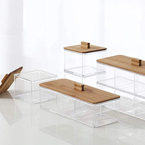 Yuema Clear Acrylic Cotton Pads Holder with Wooden Lid, Cotton Balls Swab Holder Container, Q-tip Dispenser Organiser Makeup Pad Box, Cosmetic Storage Case Bathroom