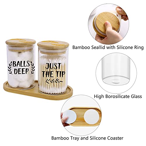 2 Pack Glass Qtip Holder Bathroom Set with Vanity Tray,Apothecary Jars with Bamboo Lids,Bathroom Cotton Ball and Qtip Organizer Storage Container Glass Jar Set