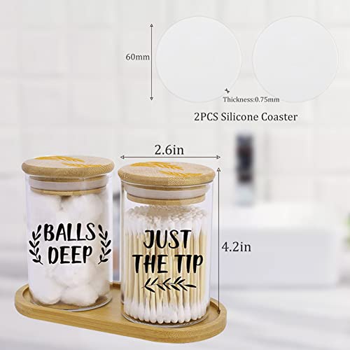 2 Pack Glass Qtip Holder Bathroom Set with Vanity Tray,Apothecary Jars with Bamboo Lids,Bathroom Cotton Ball and Qtip Organizer Storage Container Glass Jar Set