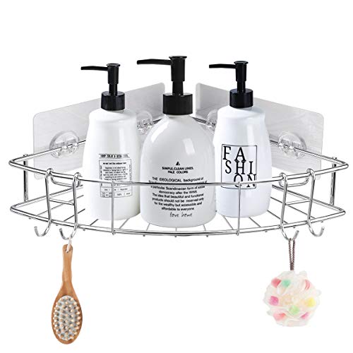 GEMITTO Corner Shower Caddy, SUS304 Stainless Steel Self-adhesive Bathroom Organizer Rack with 3 Stickers+2 Hooks, No Drilling for Shampoo Conditioner Kitchen Spice Storage (Silver)