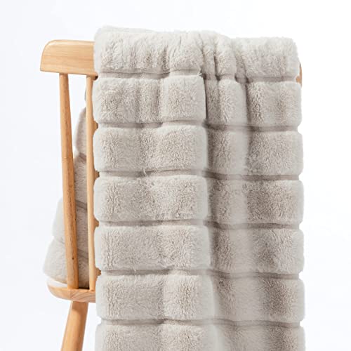 Cozy Bliss Luxury Super Soft Striped Faux Fur Throw Blanket for Couch, 50"x60" Beige, Warm Milky Plush Blanket for Sofa Bed Living Room Bedroom (Stripe-Beige)