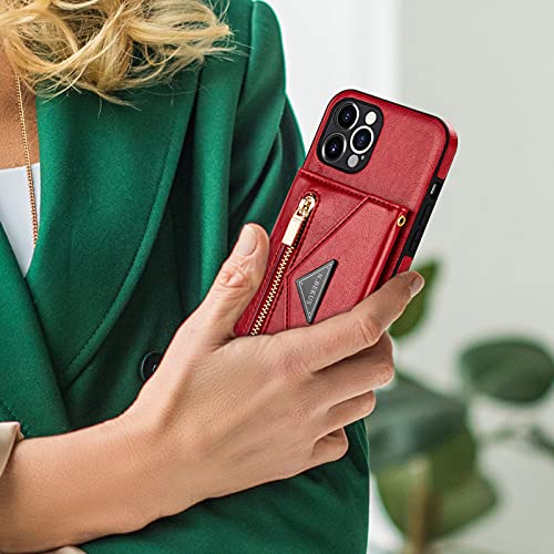 KUDEX Wallet Case for iPhone 13 Pro Max,Slim Fit Card Holder Case with Crossbody Strap Leather Magnetic Handbag Protective Folding Case Cover for Women Girl for iPhone 13 Pro Max 6.7" 2021(Red)