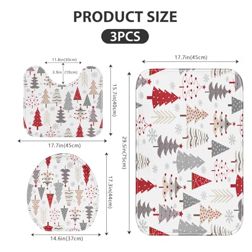 ArtSocket Bathroom Rugs and Mats Set 3 Piece, Christmas Trees Red Doodle Holly Absorbent Microfiber Memory Foam Bath Mat Machine Washable Bathroom Floor Mats