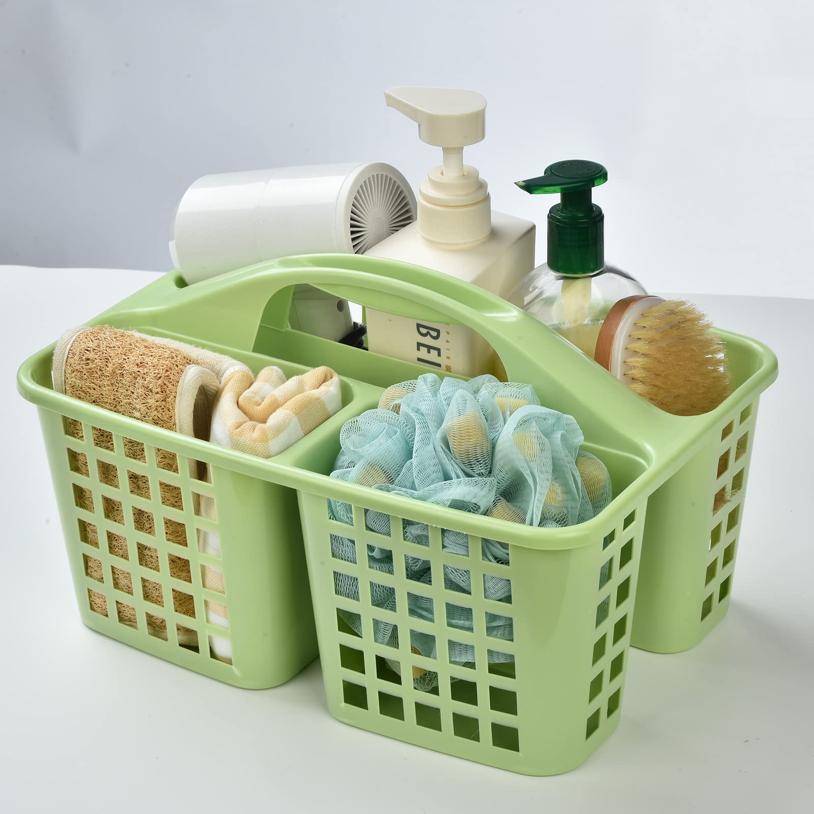 ALINK Plastic Shower Caddy Basket with Compartments, Portable Divided Cleaning Supply Storage Organizer with Handle for College Dorm Bathroom - Green