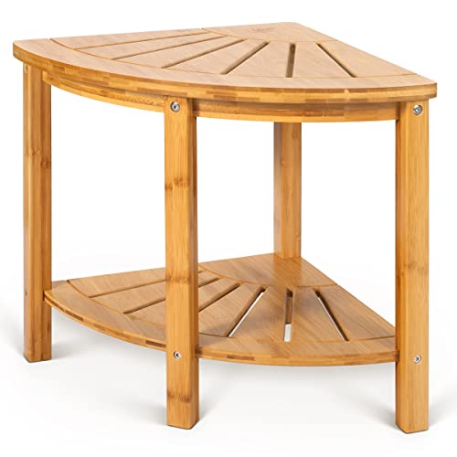 OasisCraft Bamboo Corner Shower Chair Waterproof, Shower Stool for Shaving Legs, 2-Tier Corner Stand Shelf, Storage Organizer for Small Space for Bathroom & Bedroom (Free Soap Dish Included)