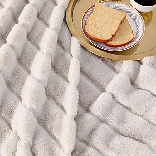 Cozy Bliss Luxury Super Soft Striped Faux Fur Throw Blanket for Couch, 50"x60" Beige, Warm Milky Plush Blanket for Sofa Bed Living Room Bedroom (Stripe-Beige)
