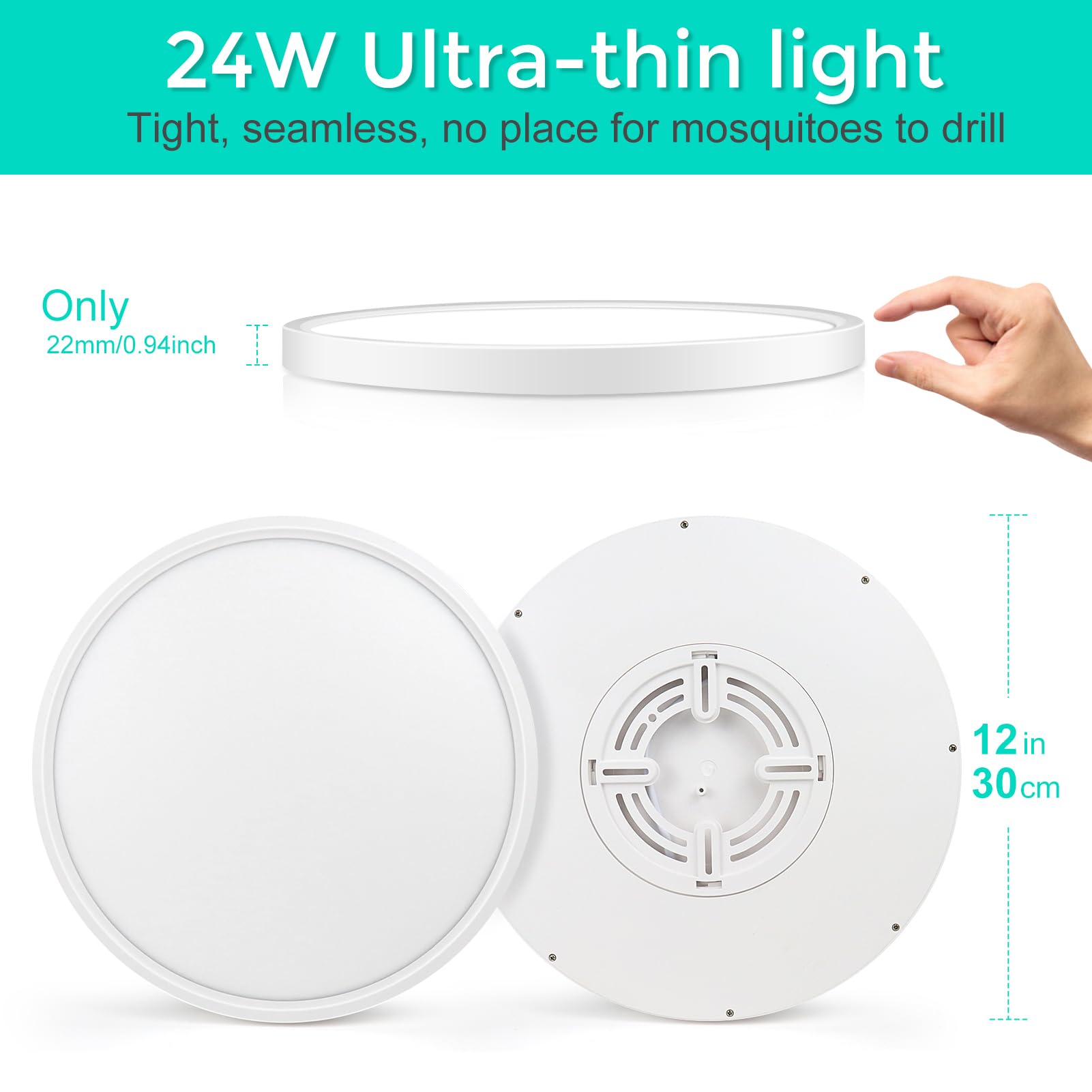 12 Inch 24W LED Flush Mount Ceiling Light Fixture, 5000K Daylight White, 3200LM, Flat Modern Round Light Fixtures, 240W Equivalent White Ceiling Lamp for Kitchens, Stairwells, Bedrooms.etc. 2Pack